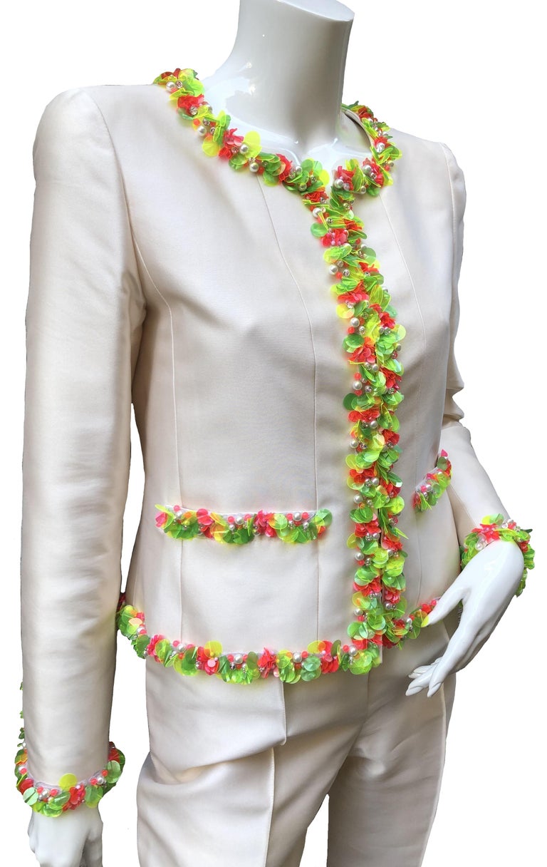Chanel Off-White Silk Pant Suit Embroidered with Multicolored Beads at ...