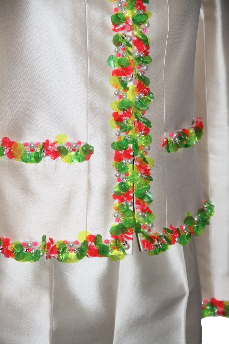 Chanel Off-White Silk Pant Suit Embroidered with Multicolored Beads at ...