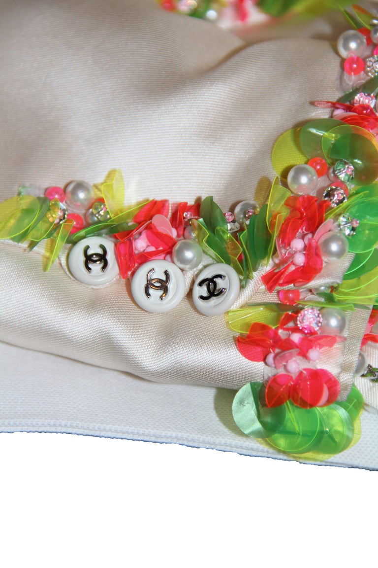 Chanel Off-White Silk Pant Suit Embroidered with Multicolored Beads at ...