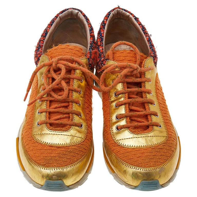 Chanel Orange/Gold Tweed And Suede CC Low Top Sneakers Size 38 For Sale ...