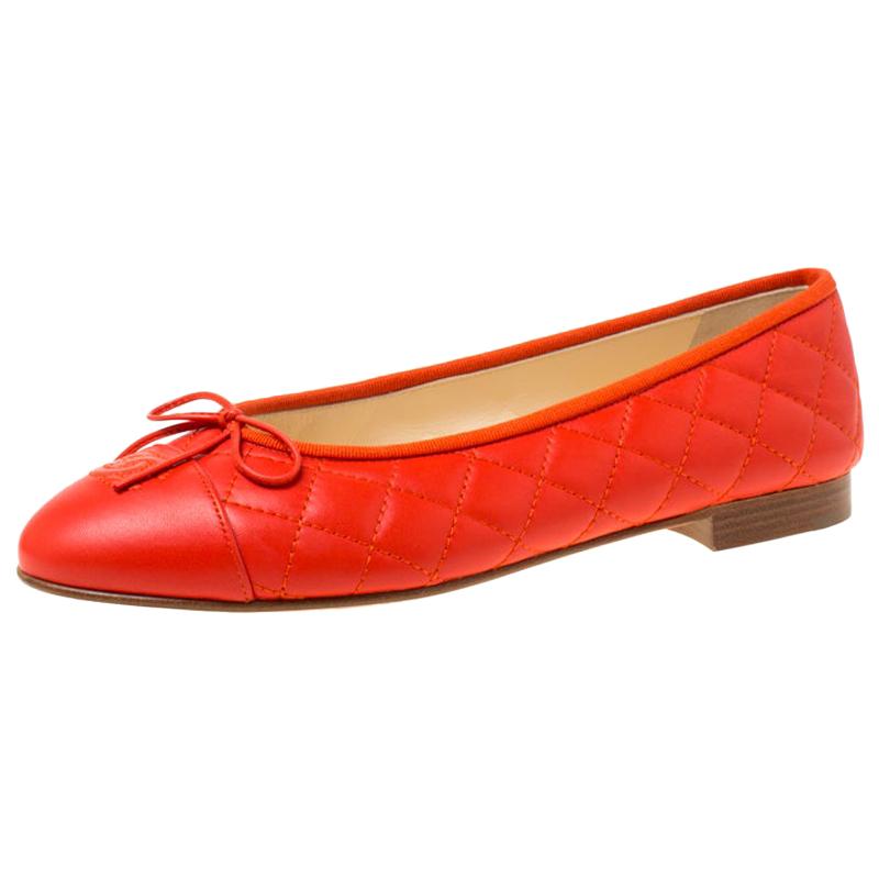 Chanel Orange Quilted Leather CC Cap Toe Bow Ballet Flats Size 40 For ...