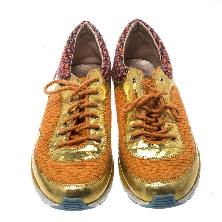Chanel Orange Tweed and Holographic Leather Lace Up Sneakers Size 42 ...