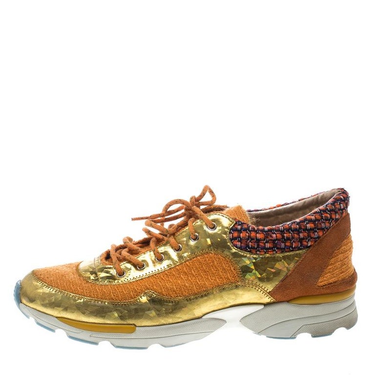 Chanel Orange Tweed and Holographic Leather Lace Up Sneakers Size 42 ...