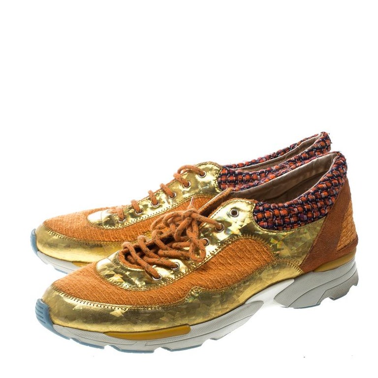 Chanel Orange Tweed and Holographic Leather Lace Up Sneakers Size 42 ...