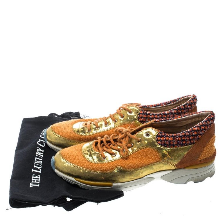 Chanel Orange Tweed and Holographic Leather Lace Up Sneakers Size 42 ...