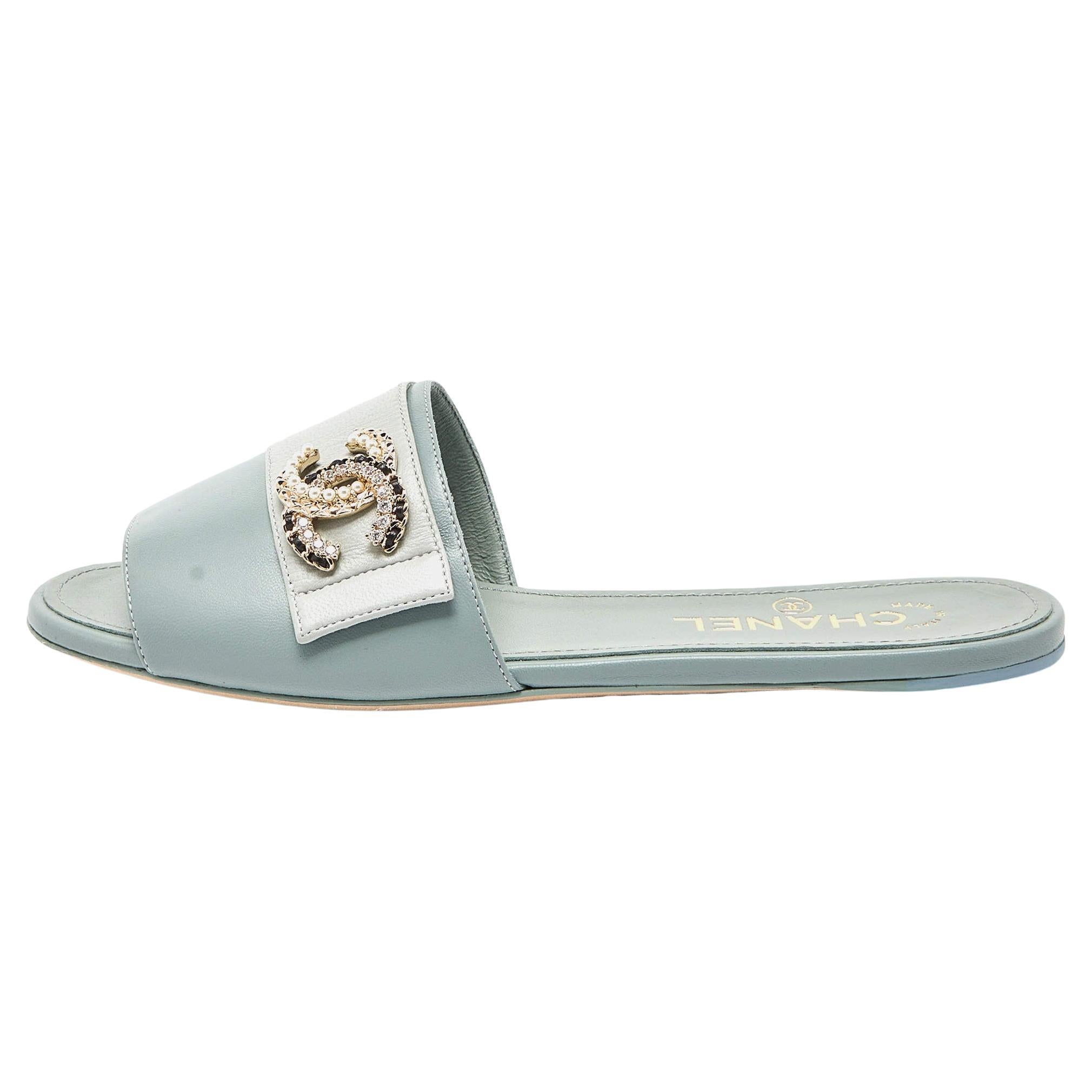 Chanel Pale Green Leather Crystal/Pearl Embellished CC Logo Flat Slides ...