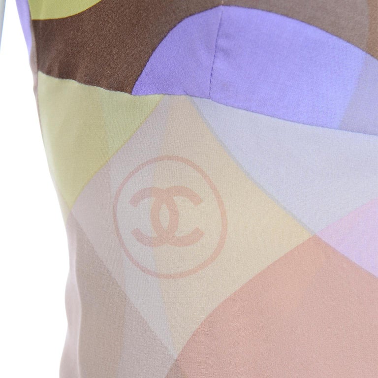 Chanel Pastel Abstract Logo CC Print Silk Chiffon Dress With Pleated ...
