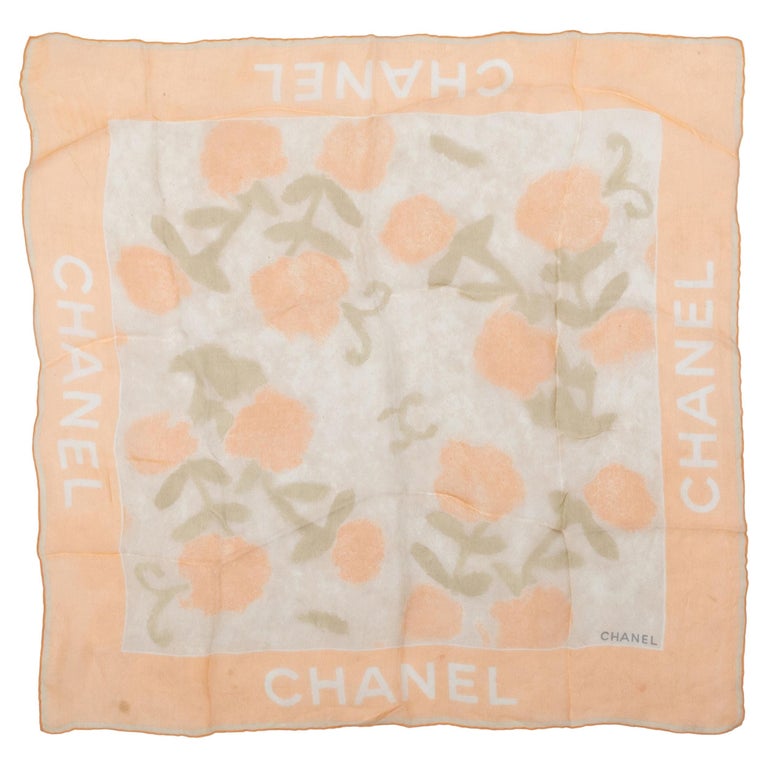 Chanel Peach and Multicolor Floral Print Silk Scarf For Sale at 1stDibs