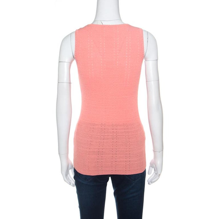 Chanel Peach Perforated Rib Knit Logo Applique Detail Sleeveless Tank ...