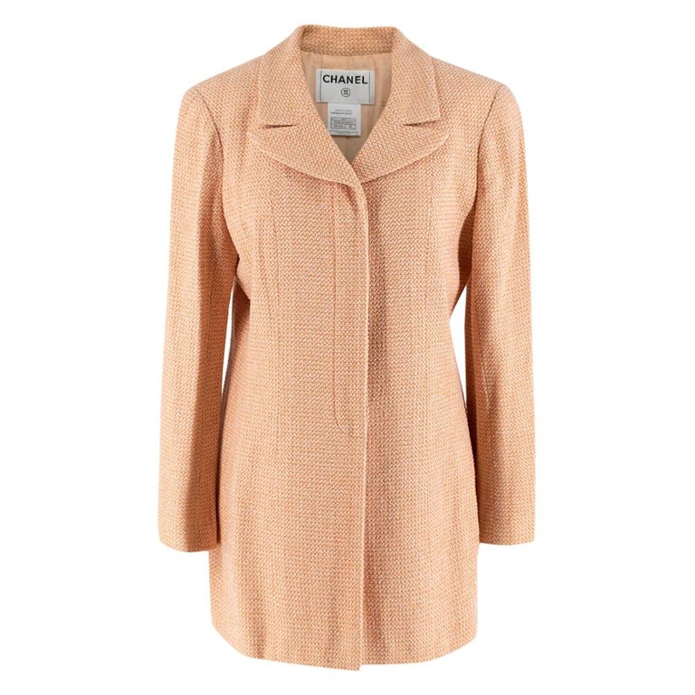 Chanel Peach Tweed Longline Tailored Button Down Jacket - Size US 10 ...