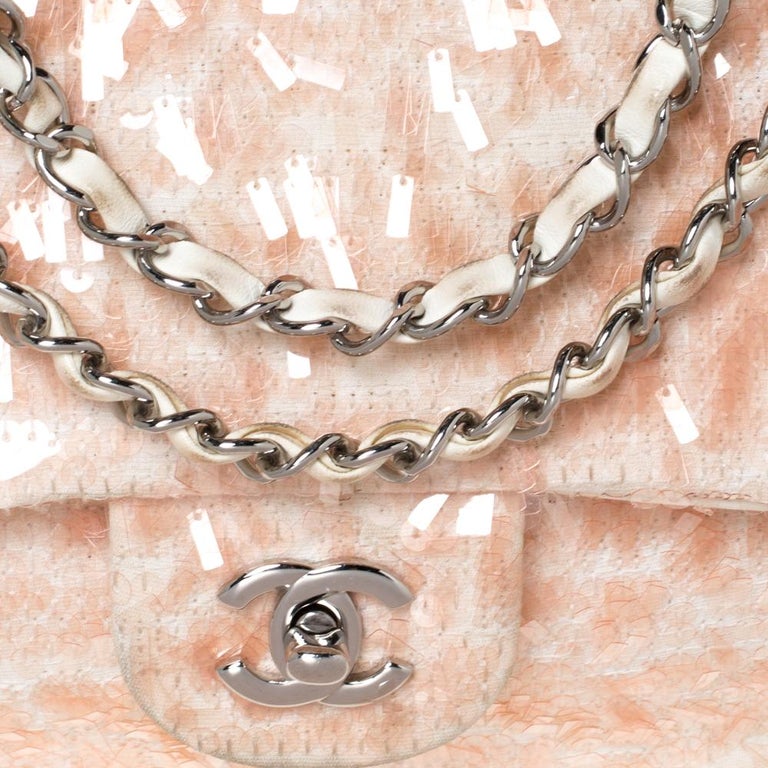 Chanel Peach/White Fabric and Sequins Medium Classic Single Flap Bag at ...
