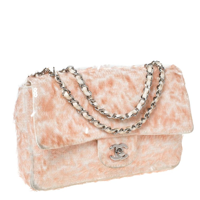 Chanel Peach/White Fabric and Sequins Medium Classic Single Flap Bag at ...