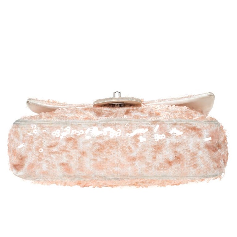 Chanel Peach/White Fabric and Sequins Medium Classic Single Flap Bag at ...