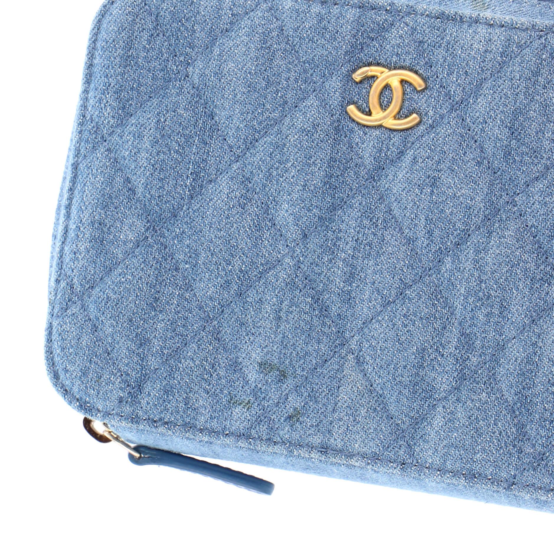 Chanel Pearl Crush Zip Around Vanity Case with Chain Quilted Denim Mini ...