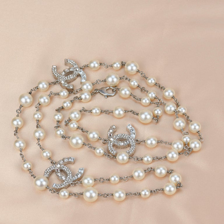 Chanel Pearl Sautoir Necklace with Three Big CC Logos at 1stDibs
