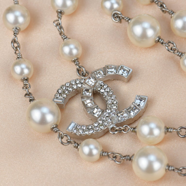 Chanel Pearl Sautoir Necklace with Three Big CC Logos at 1stDibs