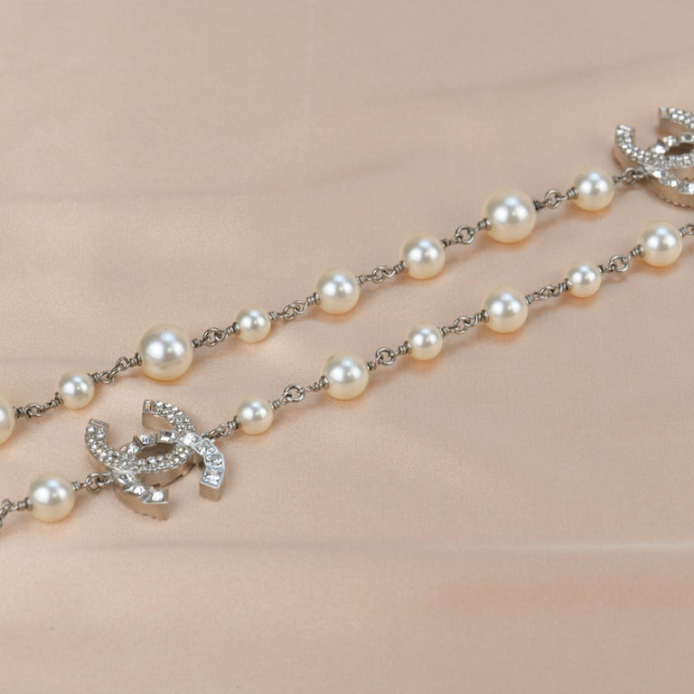 Chanel Pearl Sautoir Necklace with Three Big CC Logos at 1stDibs