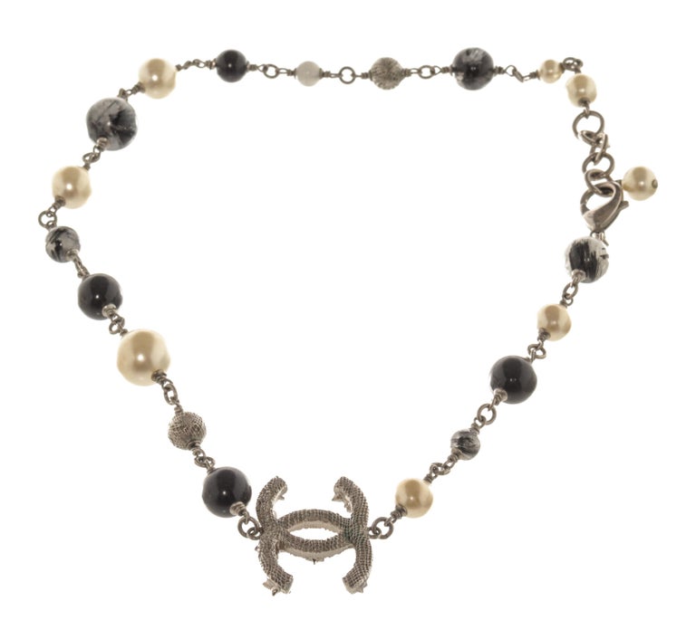 Chanel Pearl and Stone Silver CC Logo Necklace at 1stDibs