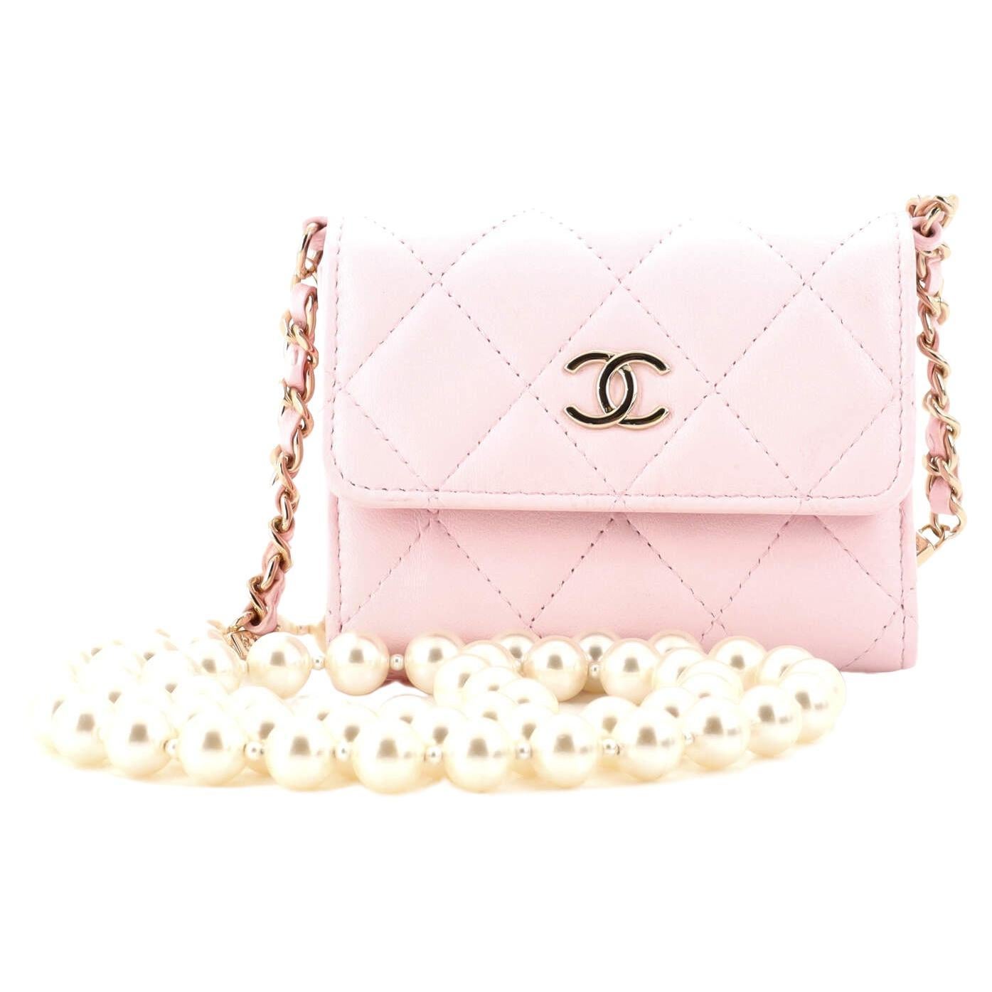 Chanel Pearl Strap Card Holder on Chain Quilted Lambskin Mini For Sale ...