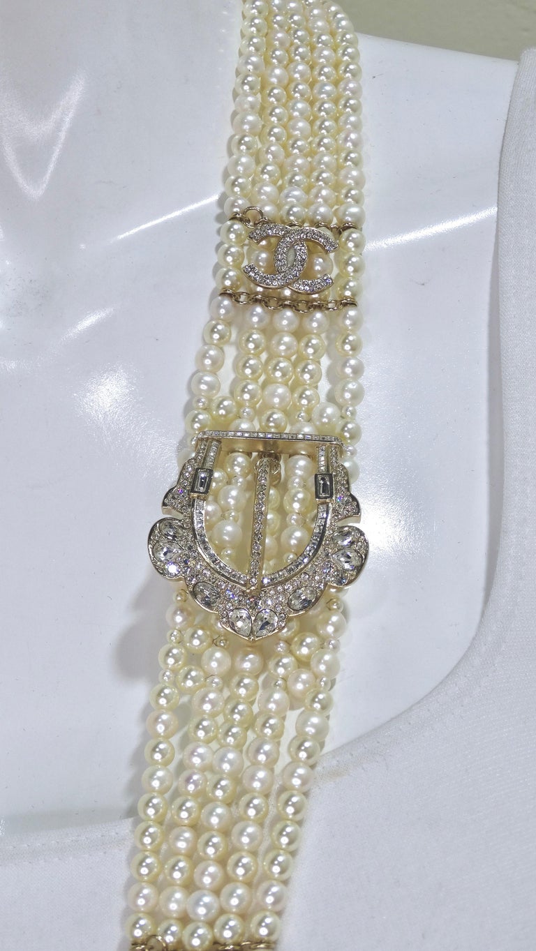 Chanel Pearls and Crystal Buckle Multi-Strand Necklace For Sale at 1stDibs