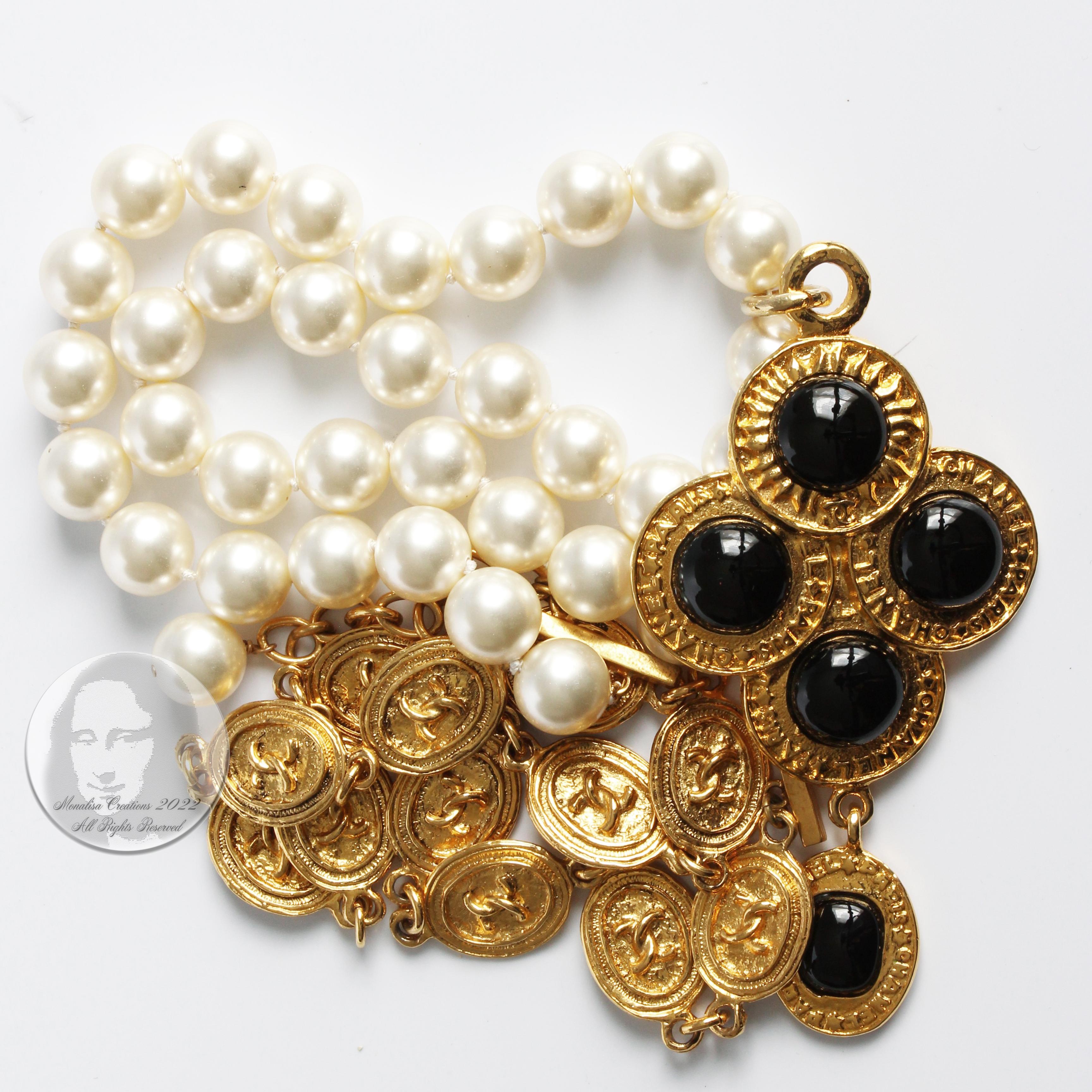 Chanel Pendant Necklace Poured Glass Pearls Gold CC Medallions Vintage ...