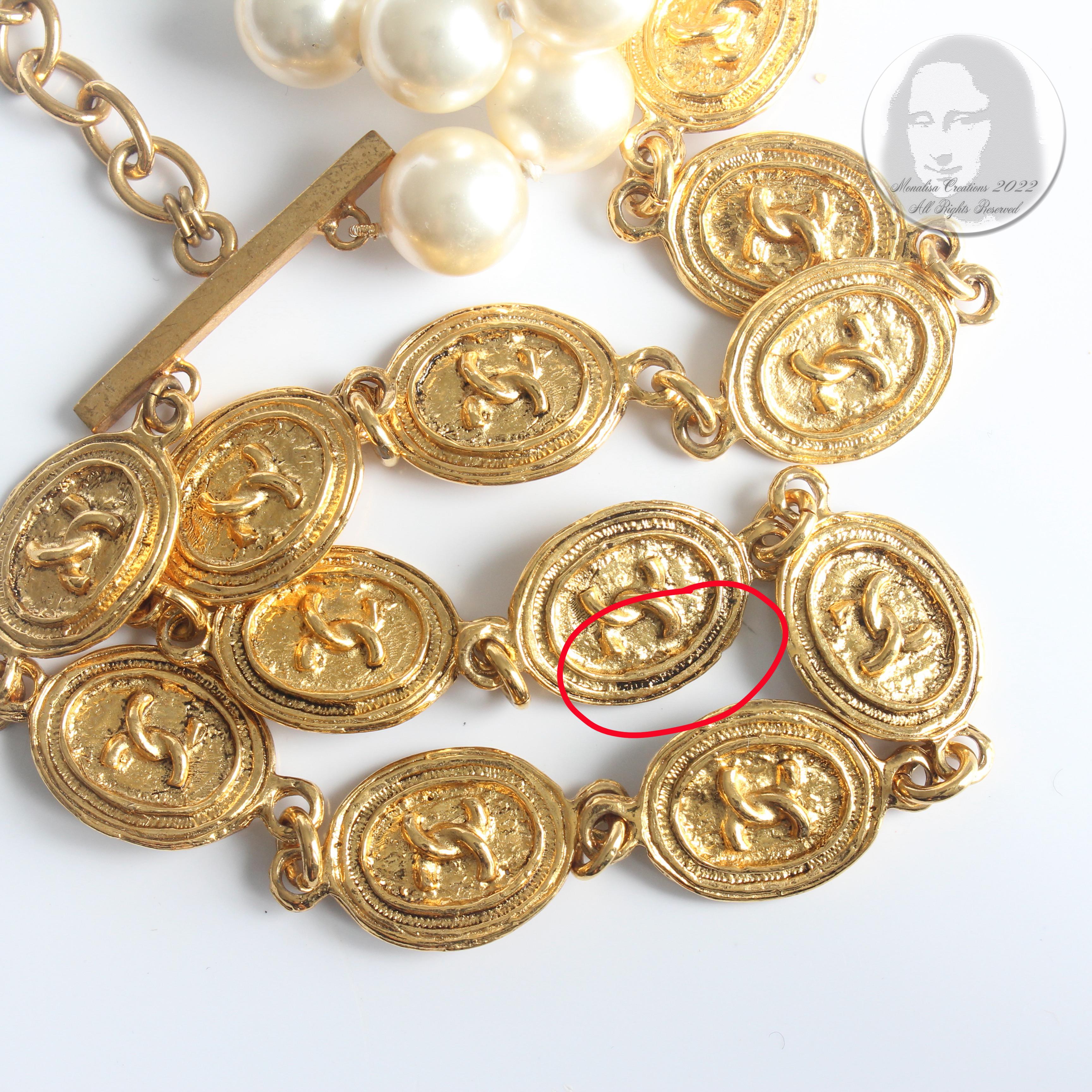 Chanel Pendant Necklace Poured Glass Pearls Gold CC Medallions Vintage ...