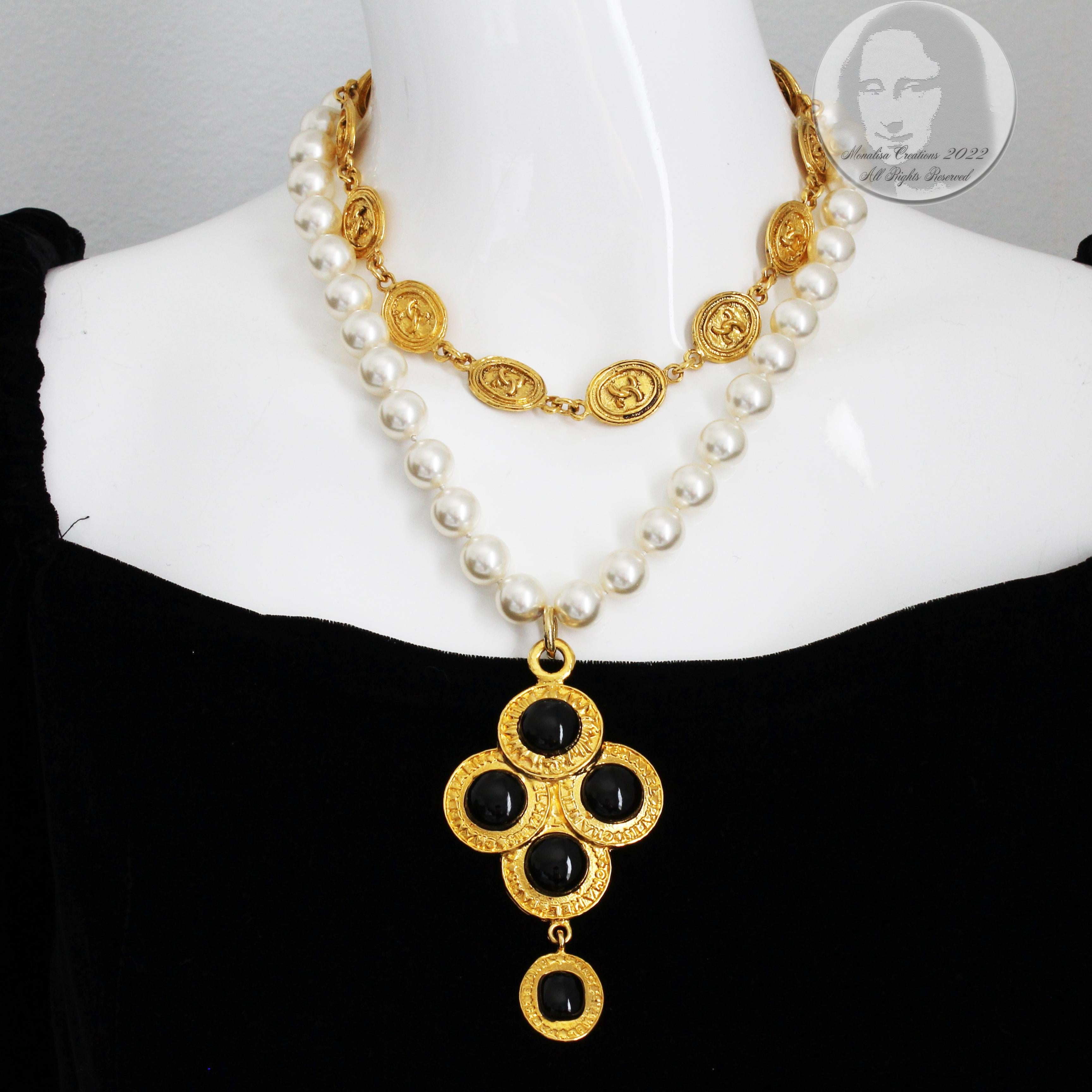 Chanel Pendant Necklace Poured Glass Pearls Gold CC Medallions Vintage ...