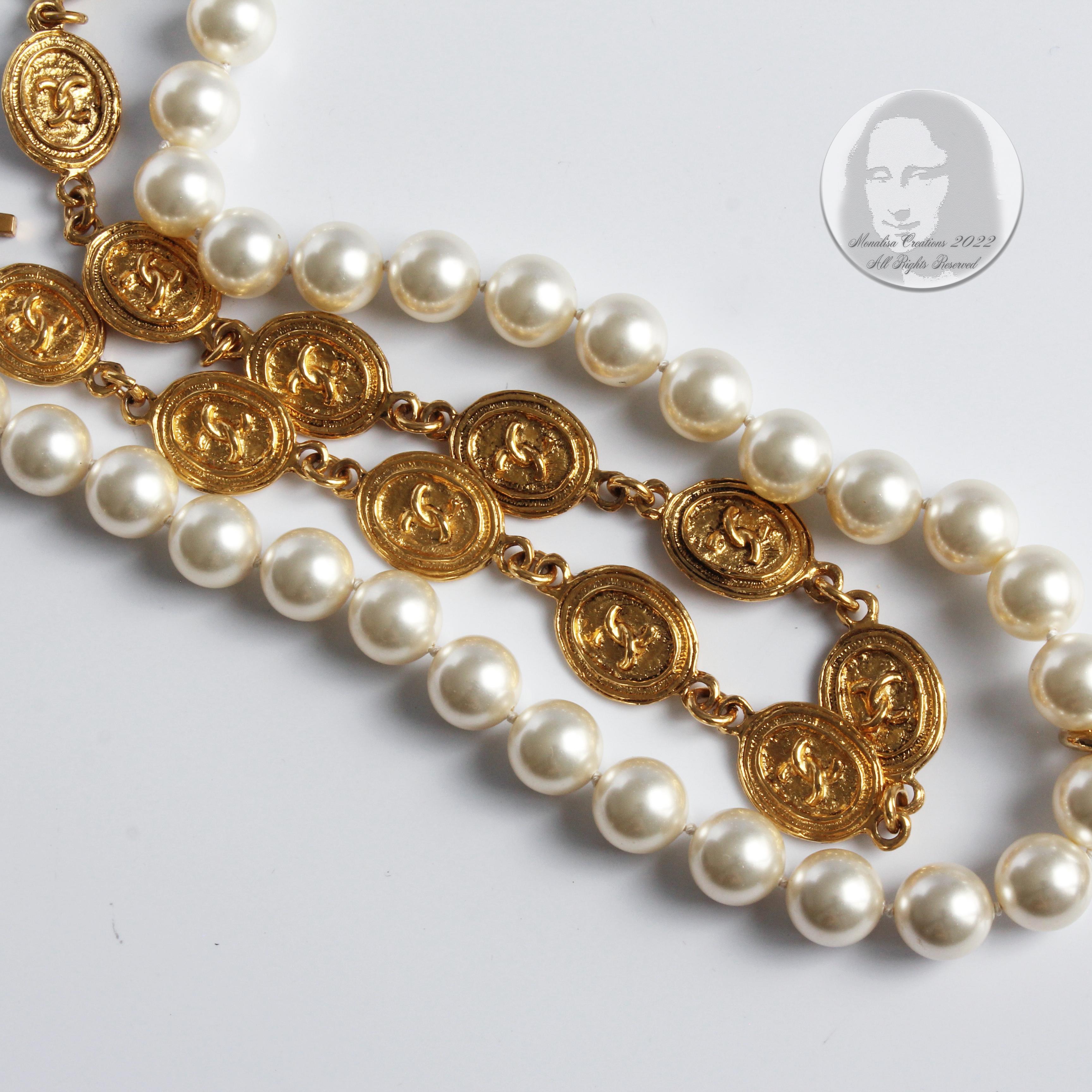 Chanel Pendant Necklace Poured Glass Pearls Gold CC Medallions Vintage ...
