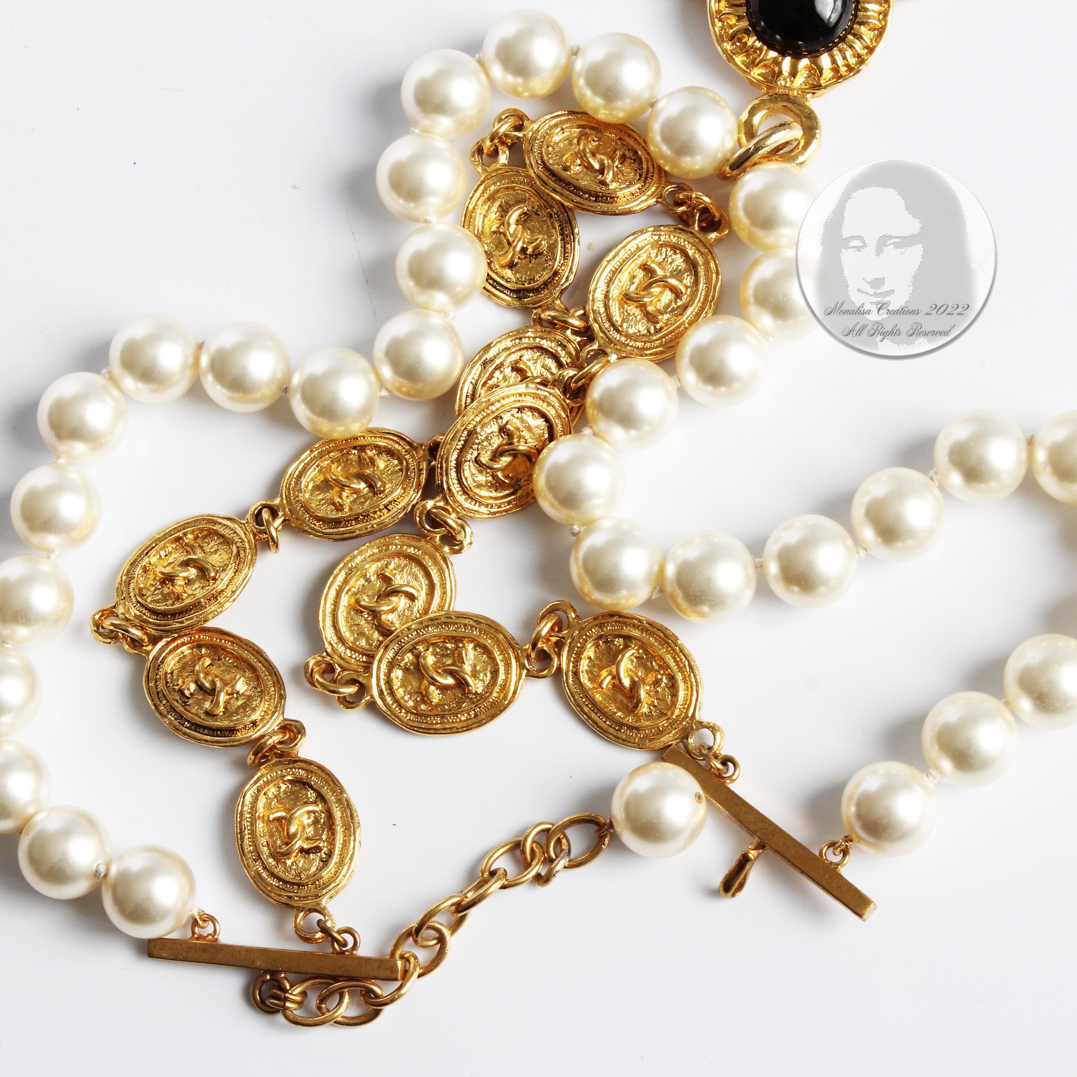 Chanel Pendant Necklace Poured Glass Pearls Gold CC Medallions Vintage ...