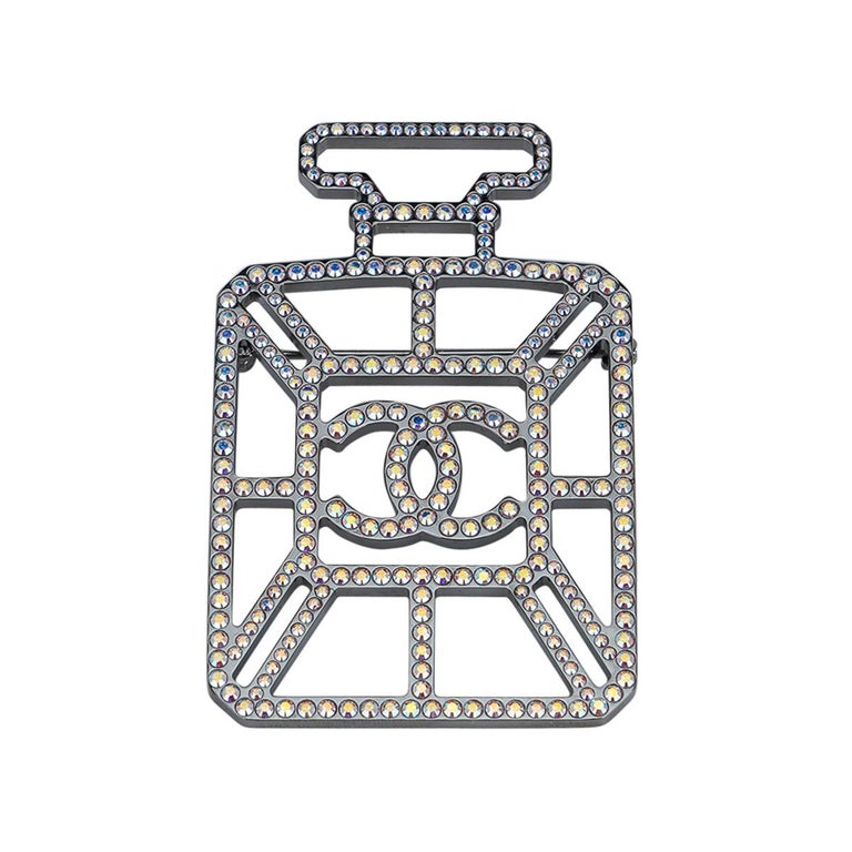 Chanel Perfume Bottle Iridescent Crystal Strass Brooch CC Logo For Sale ...