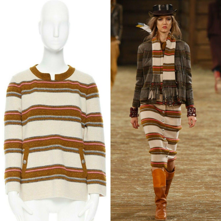 CHANEL PF14 beige multicolour stripe texture cashmere cowboy button ...