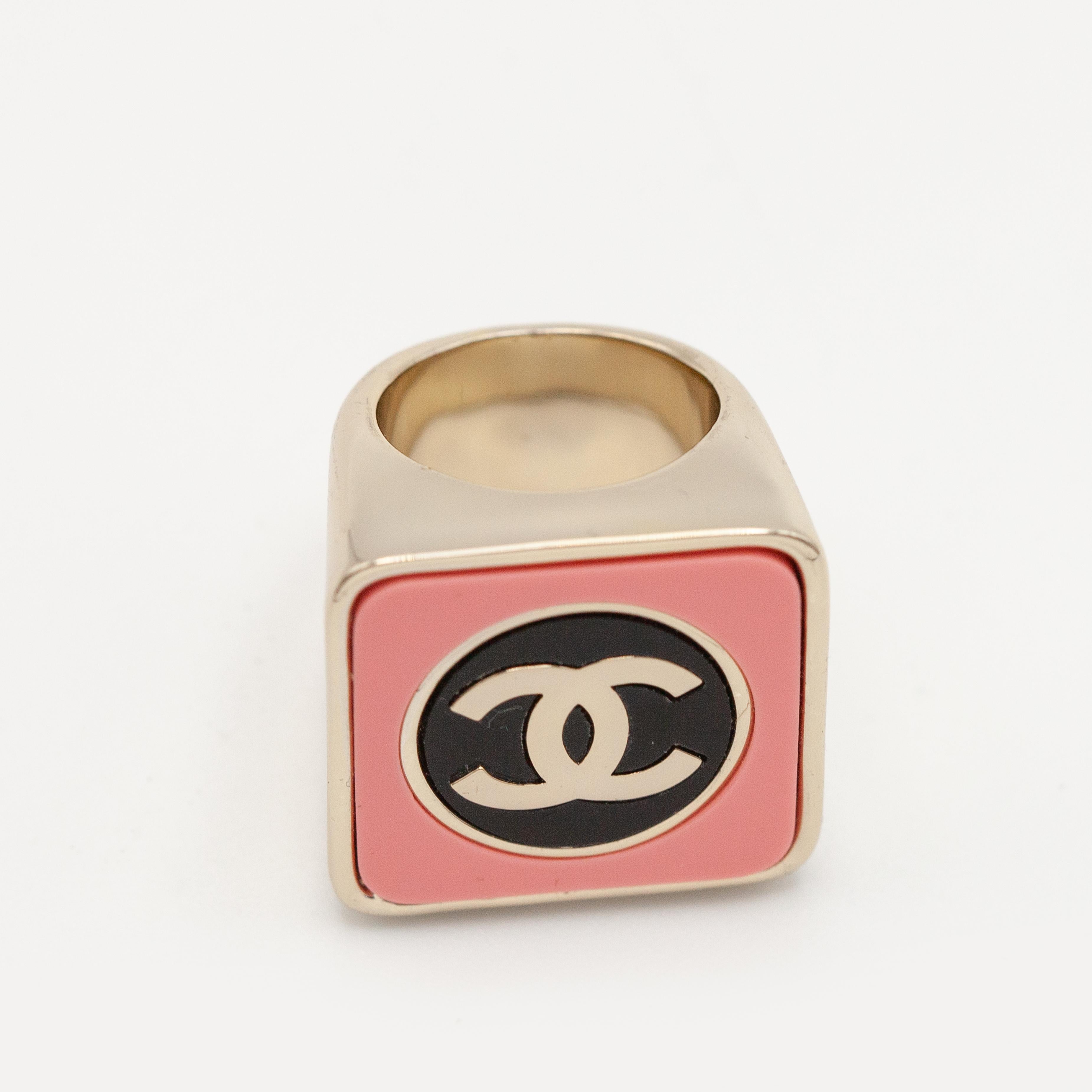 Chanel Pink and Black Logo Statement Ring For Sale at 1stDibs