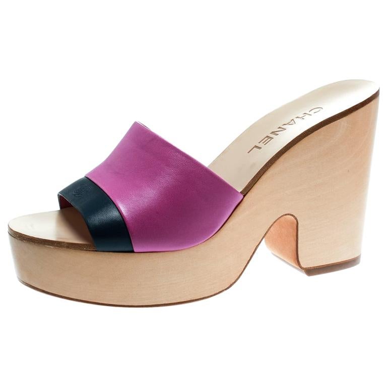 Chanel Pink/Blue Leather CC Platform Slides Size 39 For Sale at 1stDibs