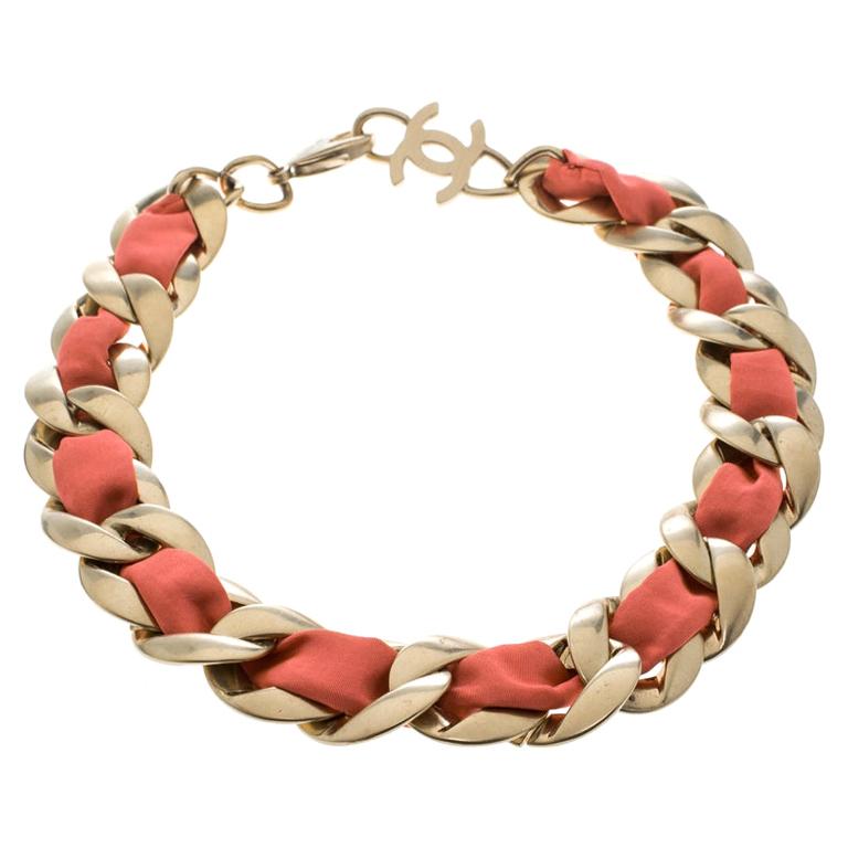 Chanel Pink Fabric Gold Tone Chain Link Choker Necklace at 1stDibs