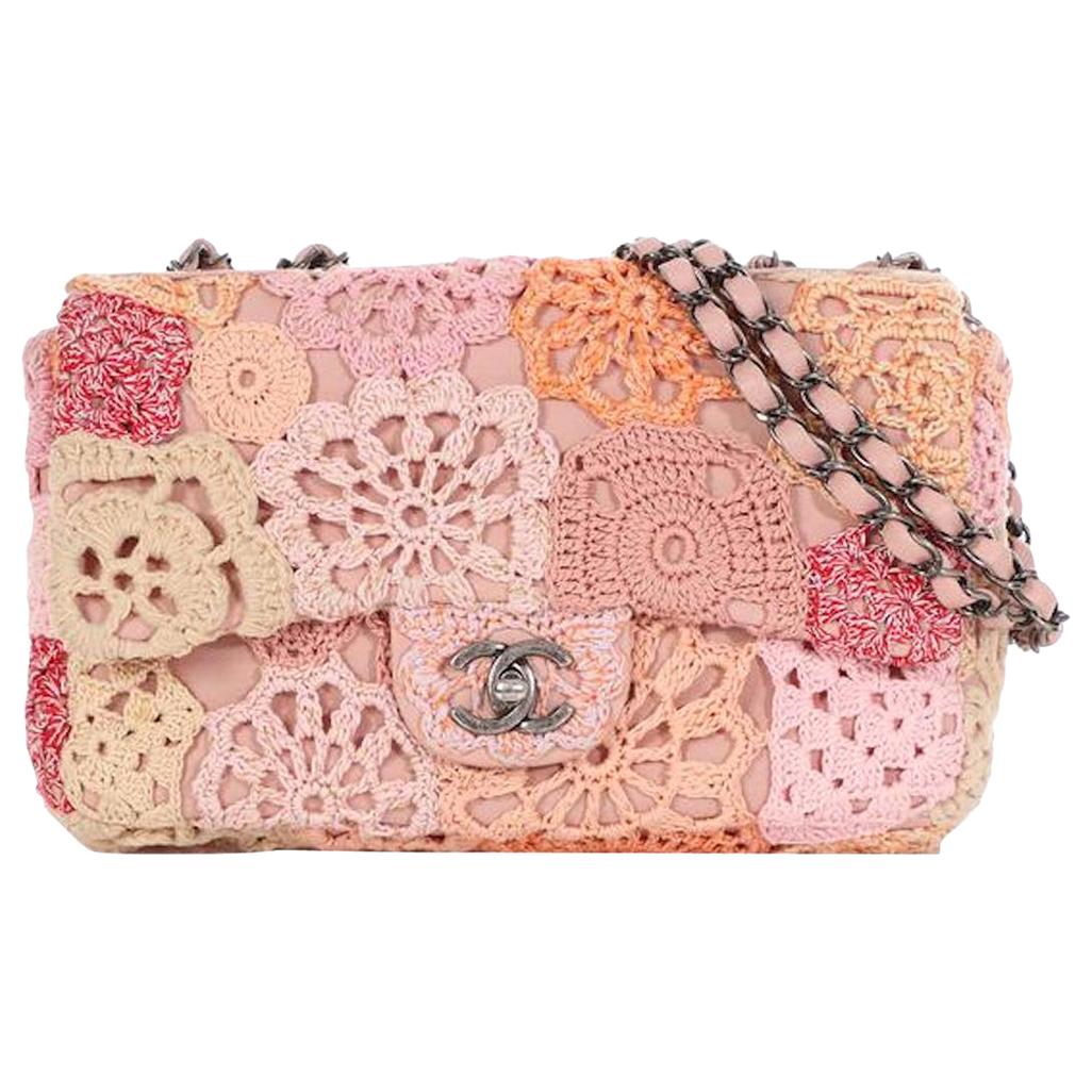 Chanel Pink Flower Multi Color Crochet Leather Medium Evening Shoulder ...