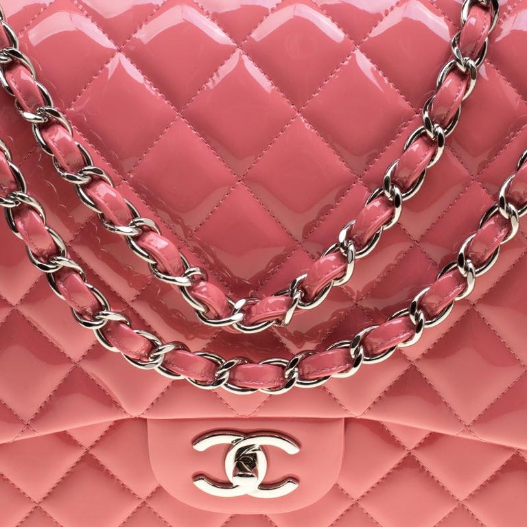 Chanel Pink Quilted Patent Leather Maxi Classic Double Flap Bag For ...