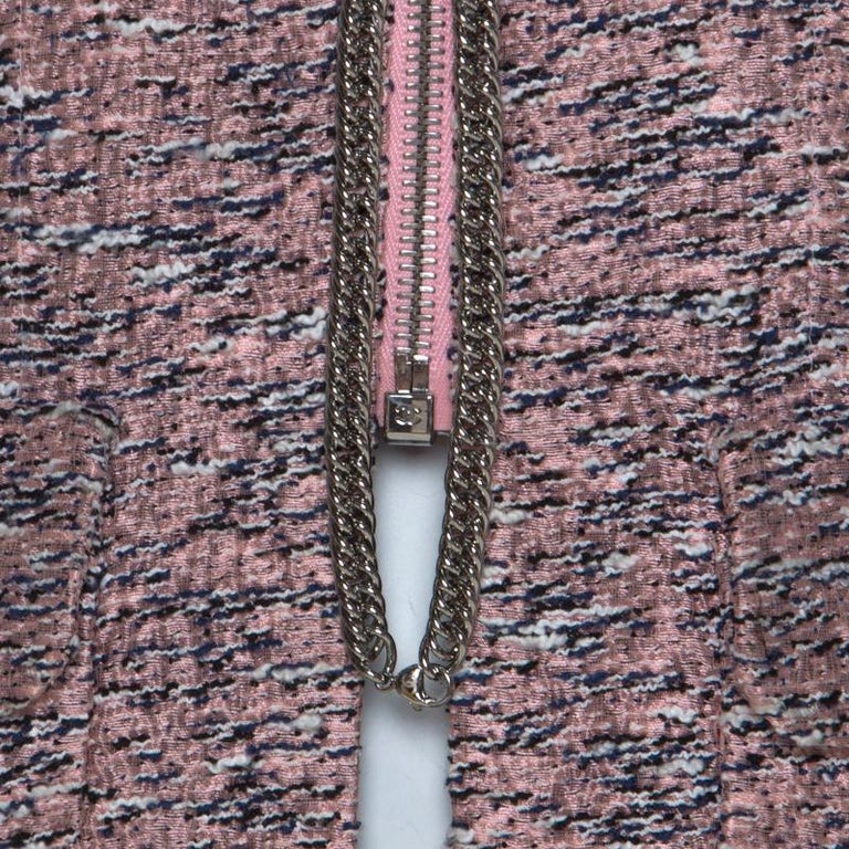 Chanel Pink Silk Tweed Zip Front Jacket S For Sale at 1stDibs