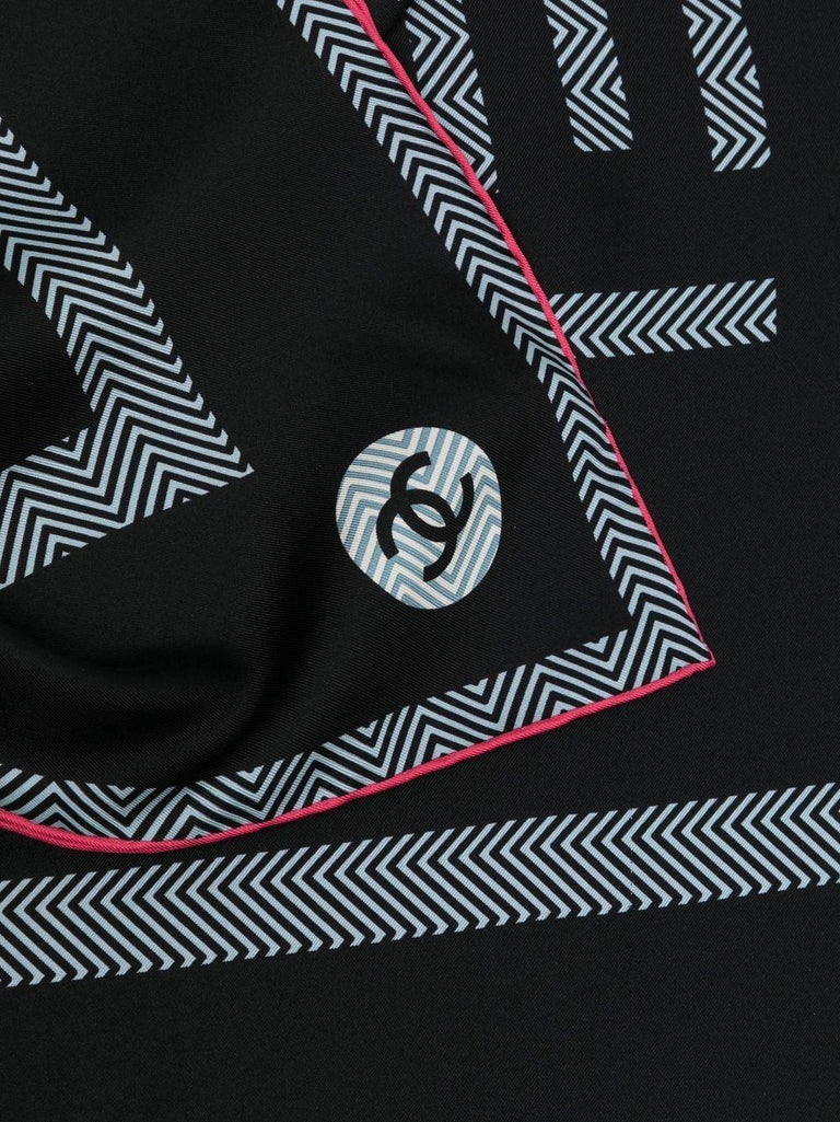 Chanel Pink Trim CC Logo Black Silk Scarf For Sale at 1stDibs