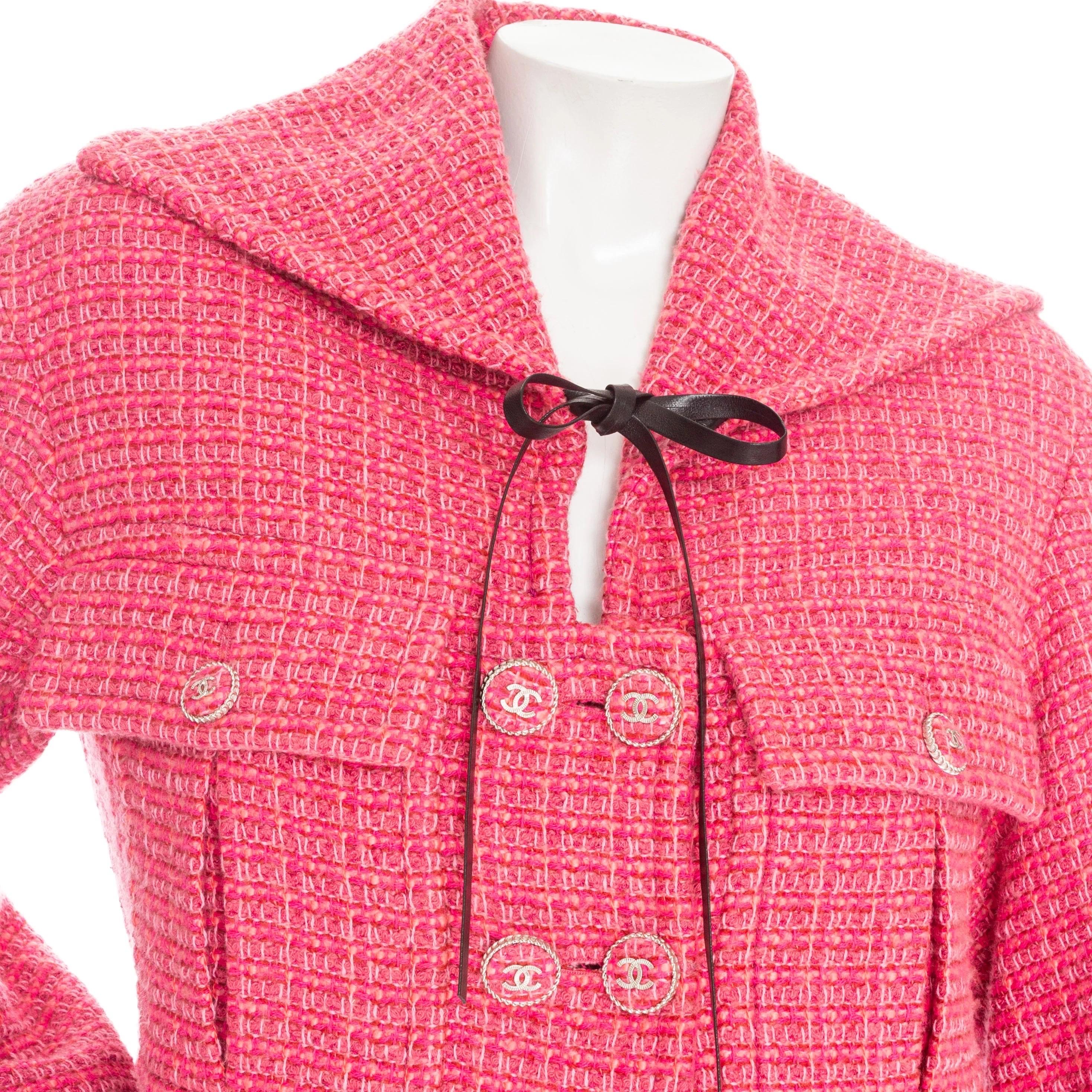 Chanel Pink Tweed Leather Tie CC Jacket (Fall2013) For Sale at 1stDibs