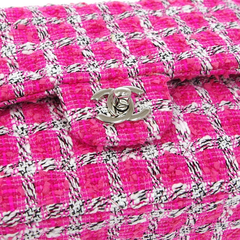 Chanel Pink White Black Tweed Checker Leather Silver Evening Shoulder ...