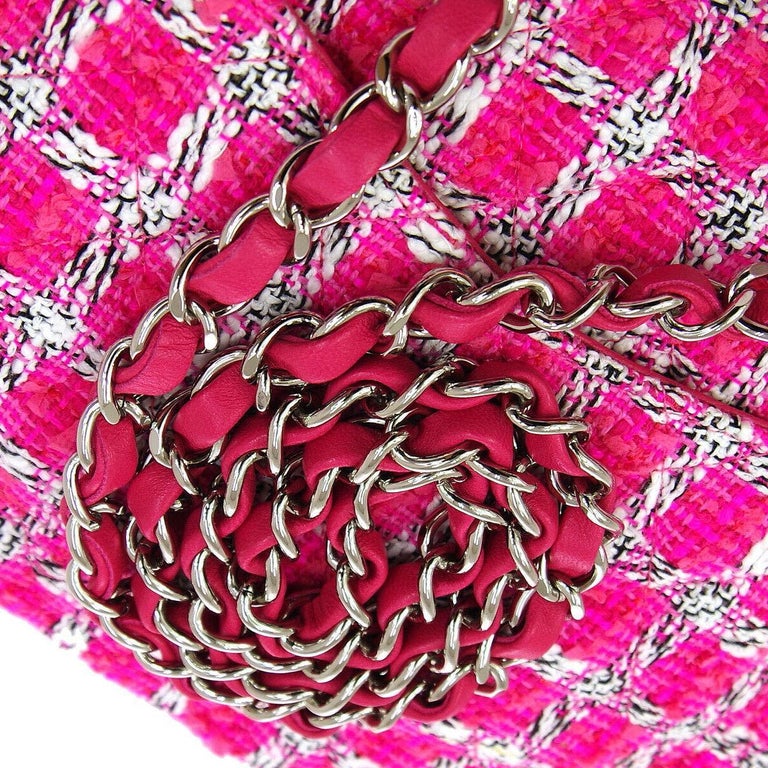 Chanel Pink White Black Tweed Checker Leather Silver Evening Shoulder ...