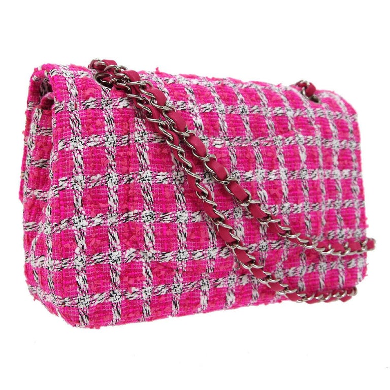 Chanel Pink White Black Tweed Checker Leather Silver Evening Shoulder ...