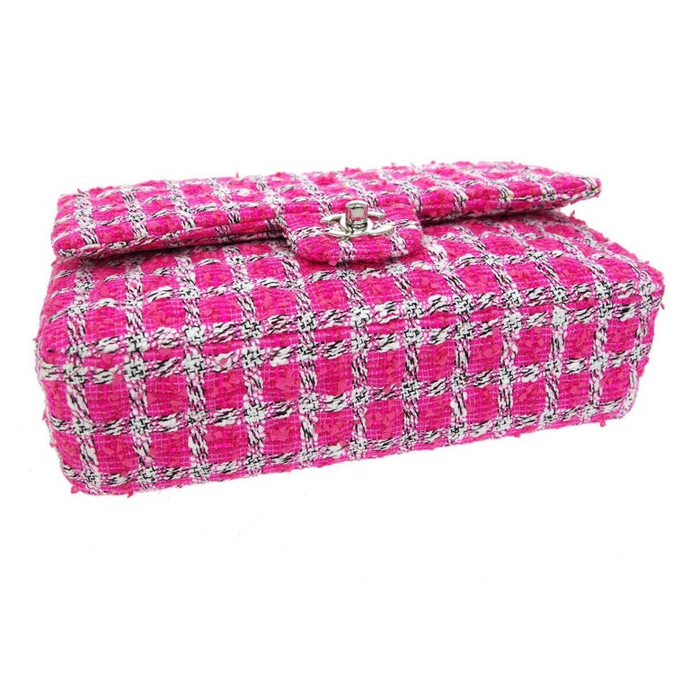 Chanel Pink White Black Tweed Checker Leather Silver Evening Shoulder ...