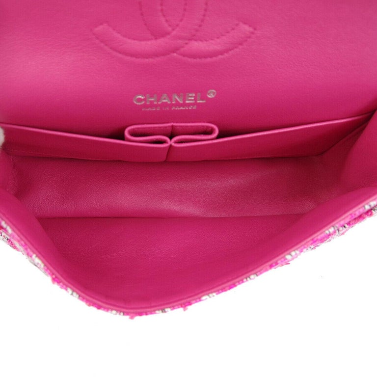 Chanel Pink White Black Tweed Checker Leather Silver Evening Shoulder ...