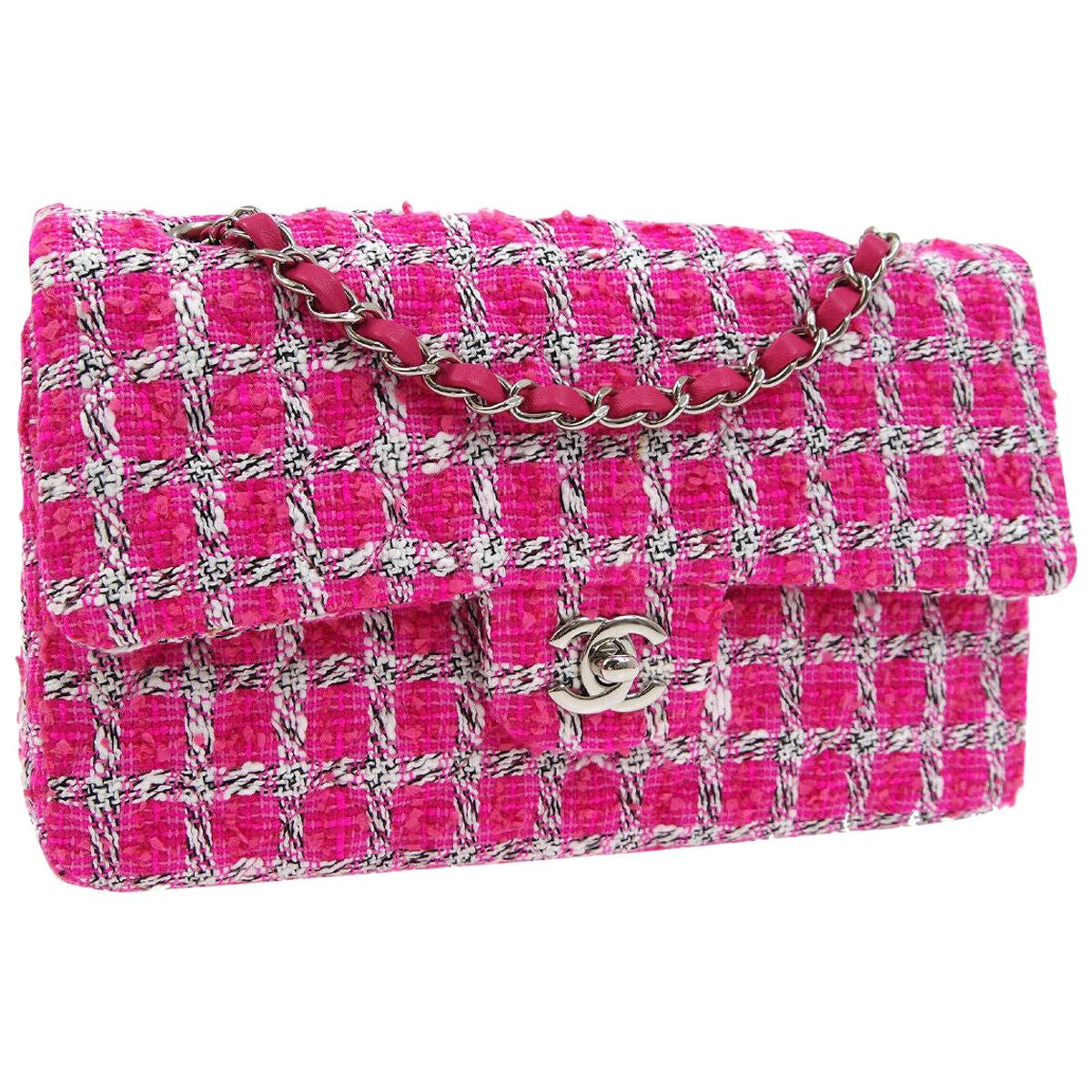Chanel Pink White Black Tweed Checker Leather Silver Evening Shoulder ...