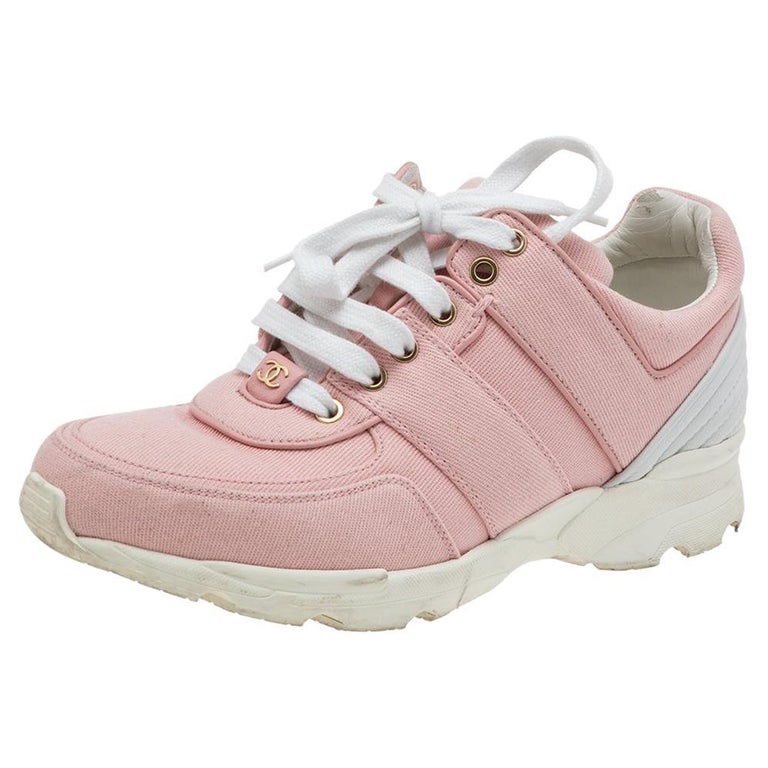 Chanel Pink/White Canvas And Leather CC Low Top Sneakers Size 38 at 1stDibs
