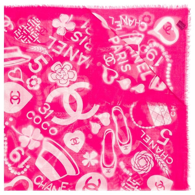 Chanel Pink and White Motif Cashmere Scarf at 1stDibs