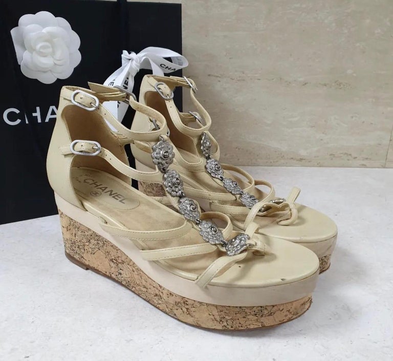 Chanel Platform Wedge Camellia Beige Sandals For Sale at 1stDibs