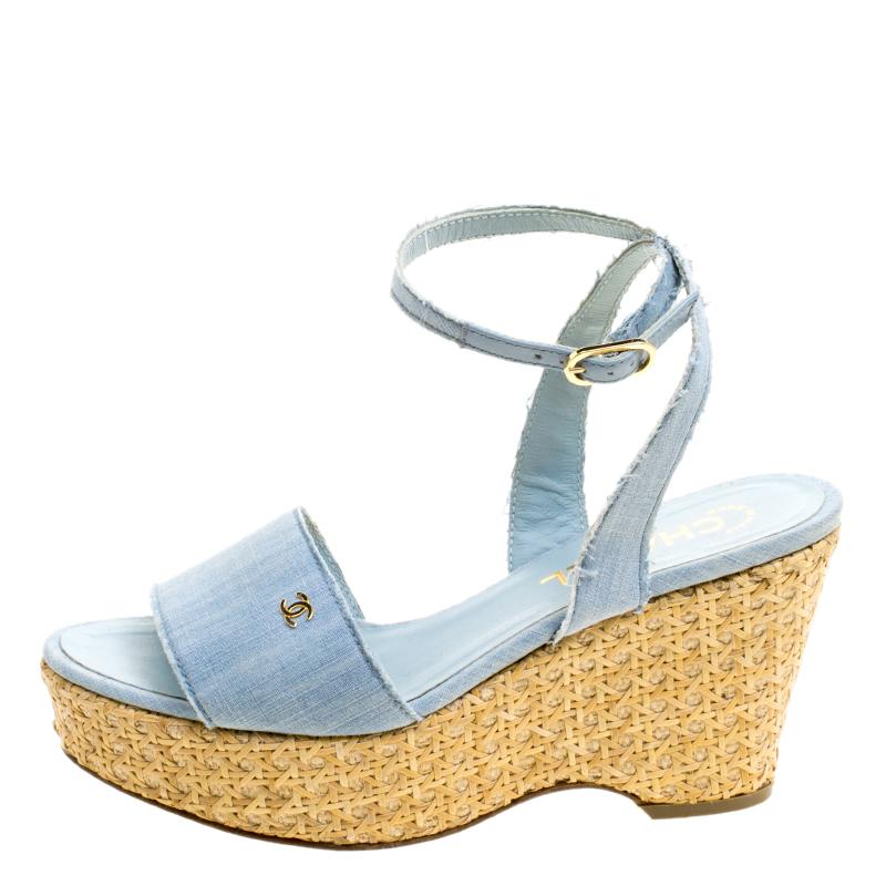 Chanel Powder Blue Canvas CC Wedge Sandals Size 36 For Sale at 1stDibs ...