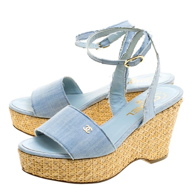 Chanel Powder Blue Canvas CC Wedge Sandals Size 36 For Sale at 1stDibs ...